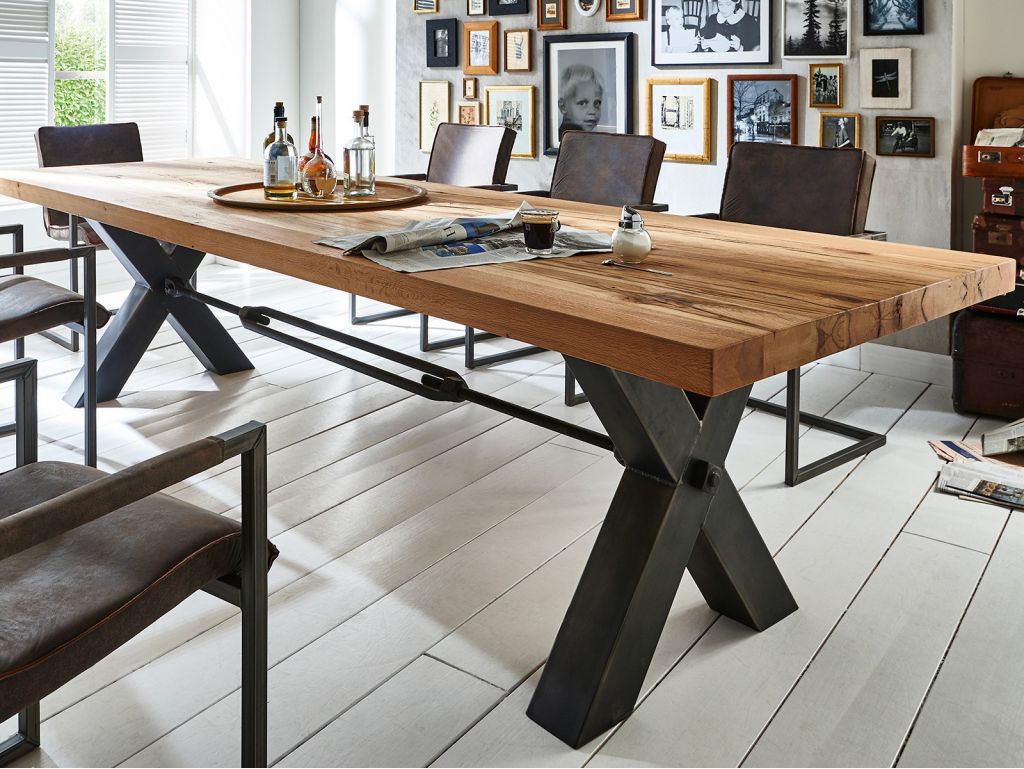 Table de repas bois massif - Chêne, Hévéa et fer forgé - Table à manger ...